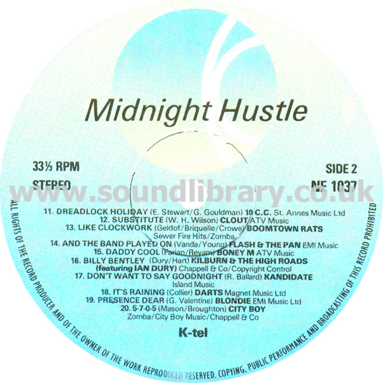 Midnight Hustle UK Issue Includes Poster LP K-Tel NE 1037 Label Image